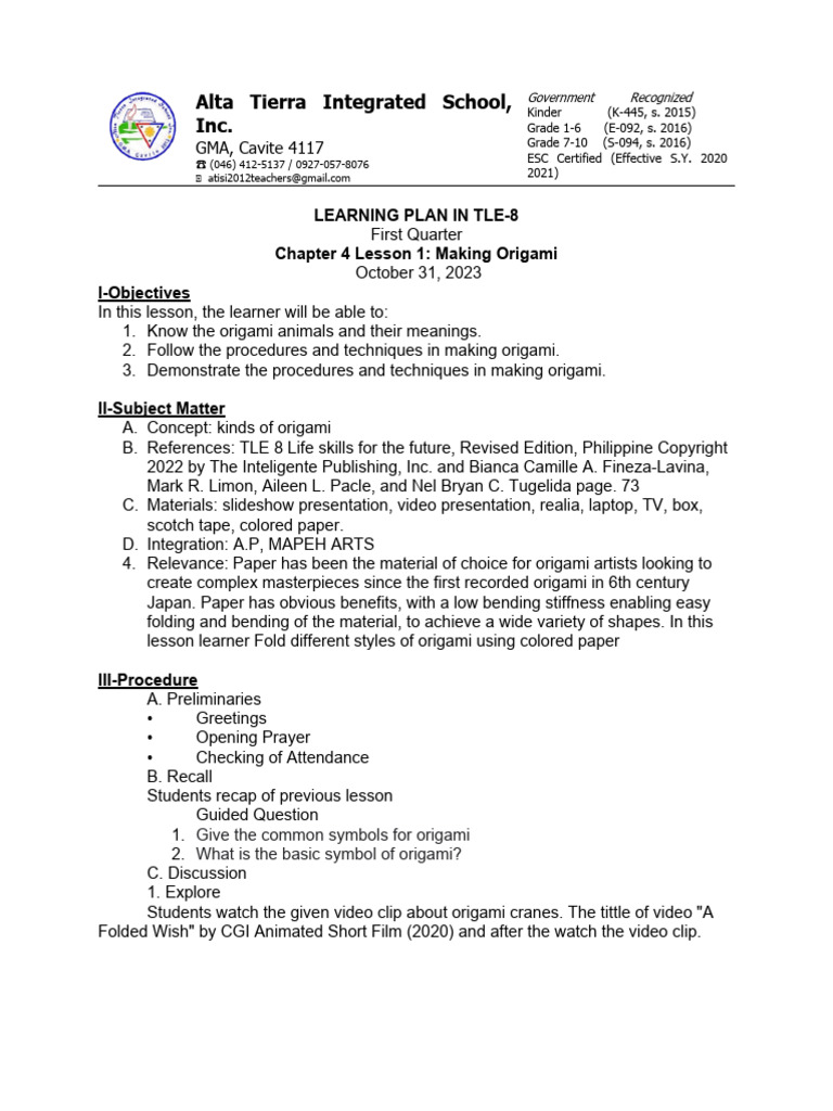 Q1 Learning Plan In Tle 8 Pdf Origami Paper Art