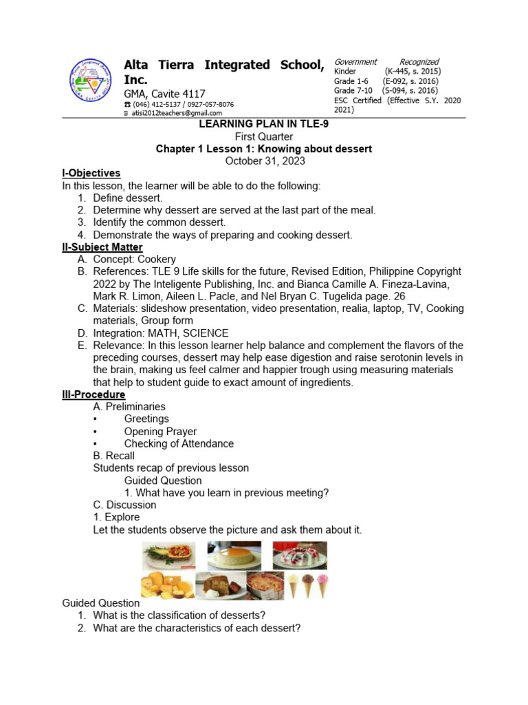 Q1-Learning Plan in TLE-9 | PDF | Desserts | Pudding