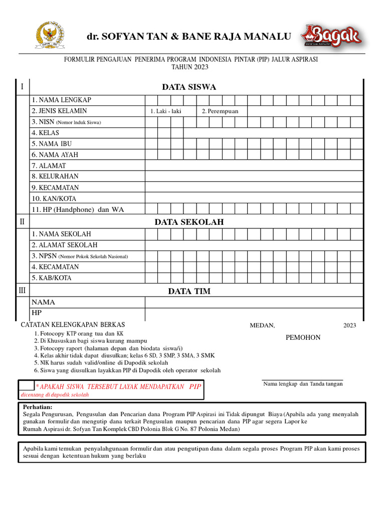 Formulir Pengajuan Pip Bagak 2023 | PDF