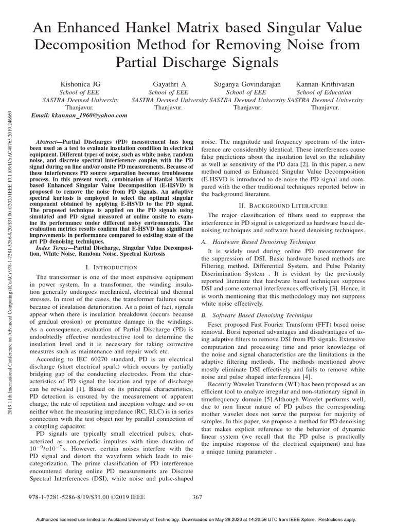 An Enhanced Hankel Matrix Based Singular Value Decomposition Method For Removing Noise From ...
