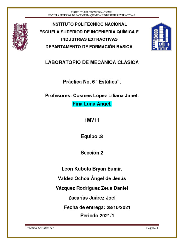Prac 6 Estatica mecanica clasica | PDF | Fuerza | Esfuerzo de torsión