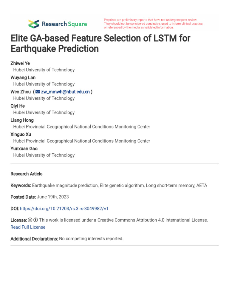 Elite GA-based Feature Selection of LSTM For Earth | PDF | Machine ...
