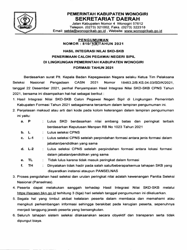 Pengumuman Hasil Integrasi Nilai SKD - SKB CPNS TAHUN 2021 | PDF