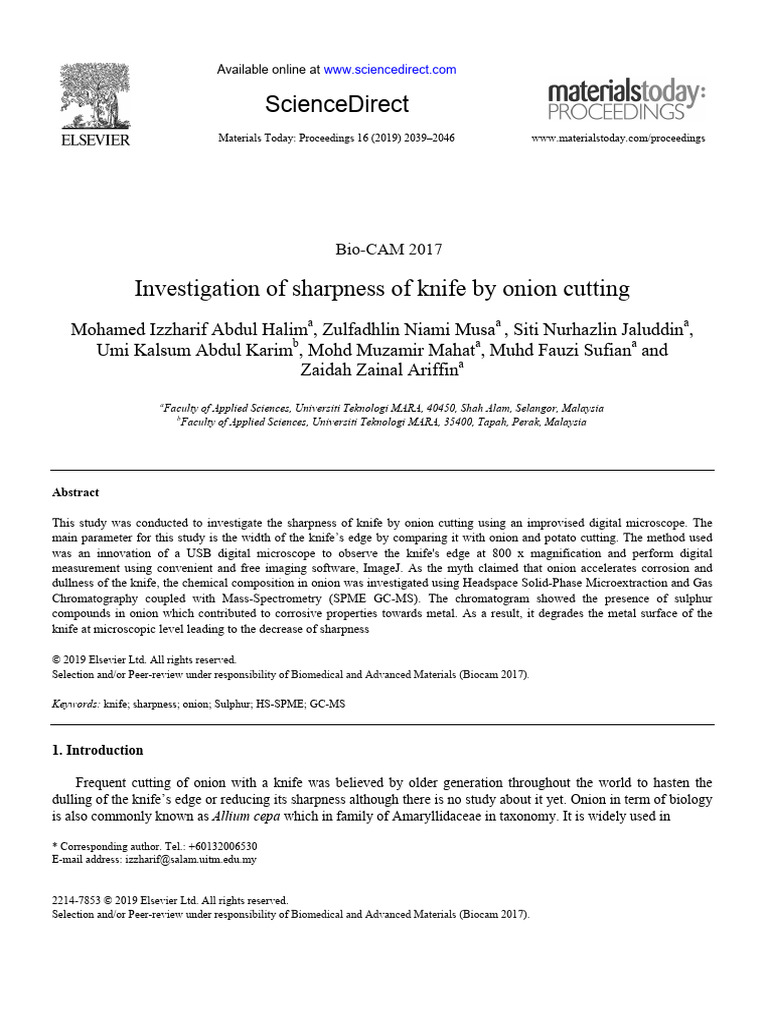 Knife Sharpness Study via Onion Cutting | PDF | Gas Chromatography | Knife