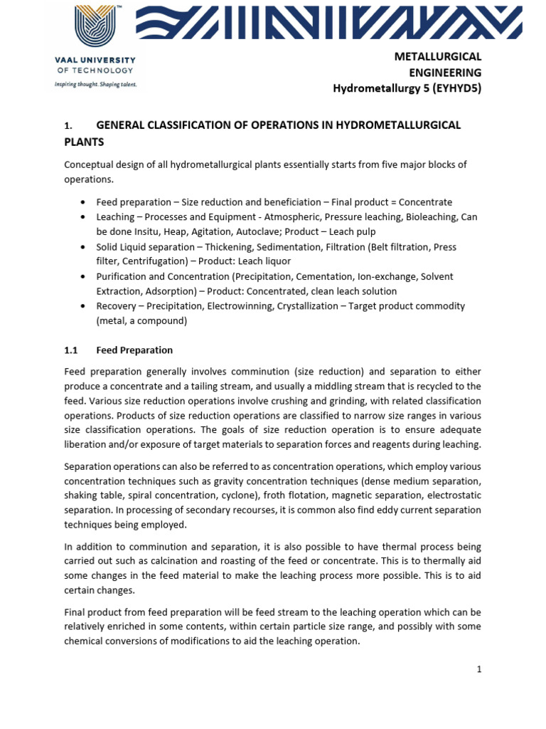 Eyhyd5a - Hydrometallurgical Processes and Plant Design - Draft Note ...