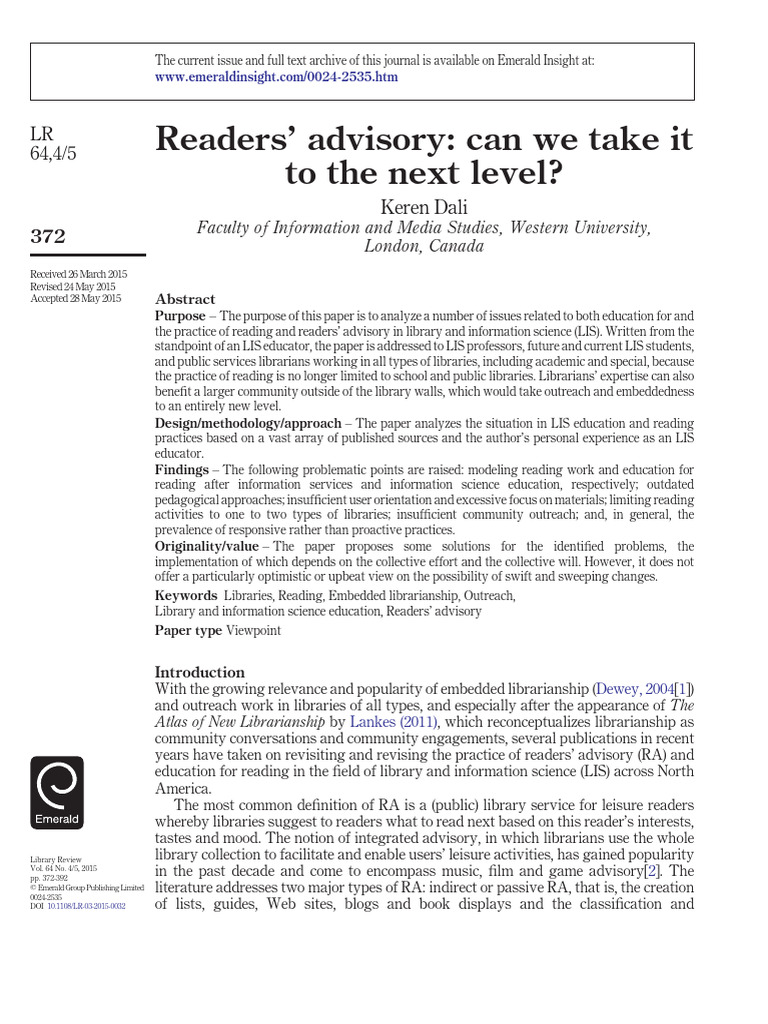Dali Readers' Advisory | PDF | Libraries | Librarian