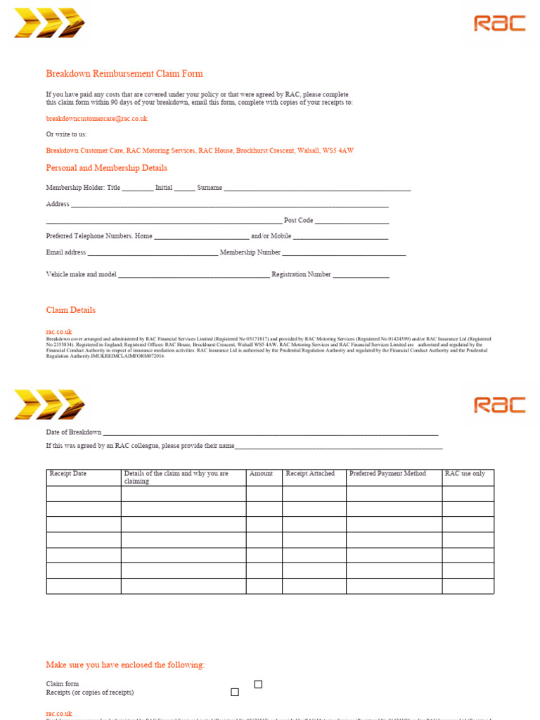 RAC Breakdown Claim Instructions | PDF | Receipt | Insurance