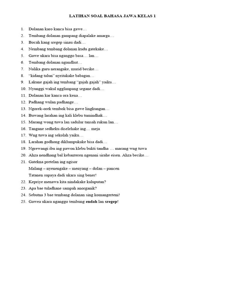Latihan Soal Bahasa Jawa Kelas 1 | PDF