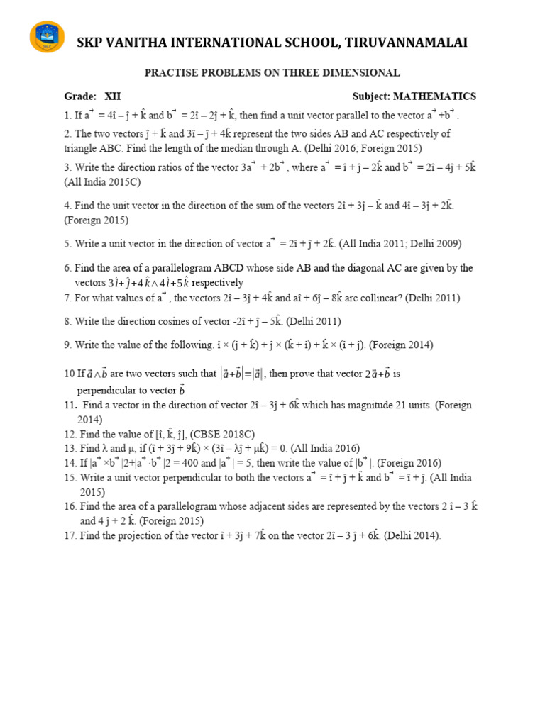 Practise Problems On Vector Algebra Pdf