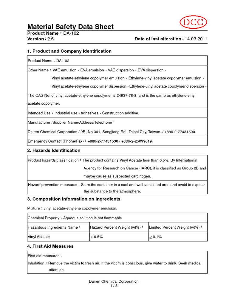 Eva Dairen 102 MSDS | PDF | Personal Protective Equipment | Chemical ...