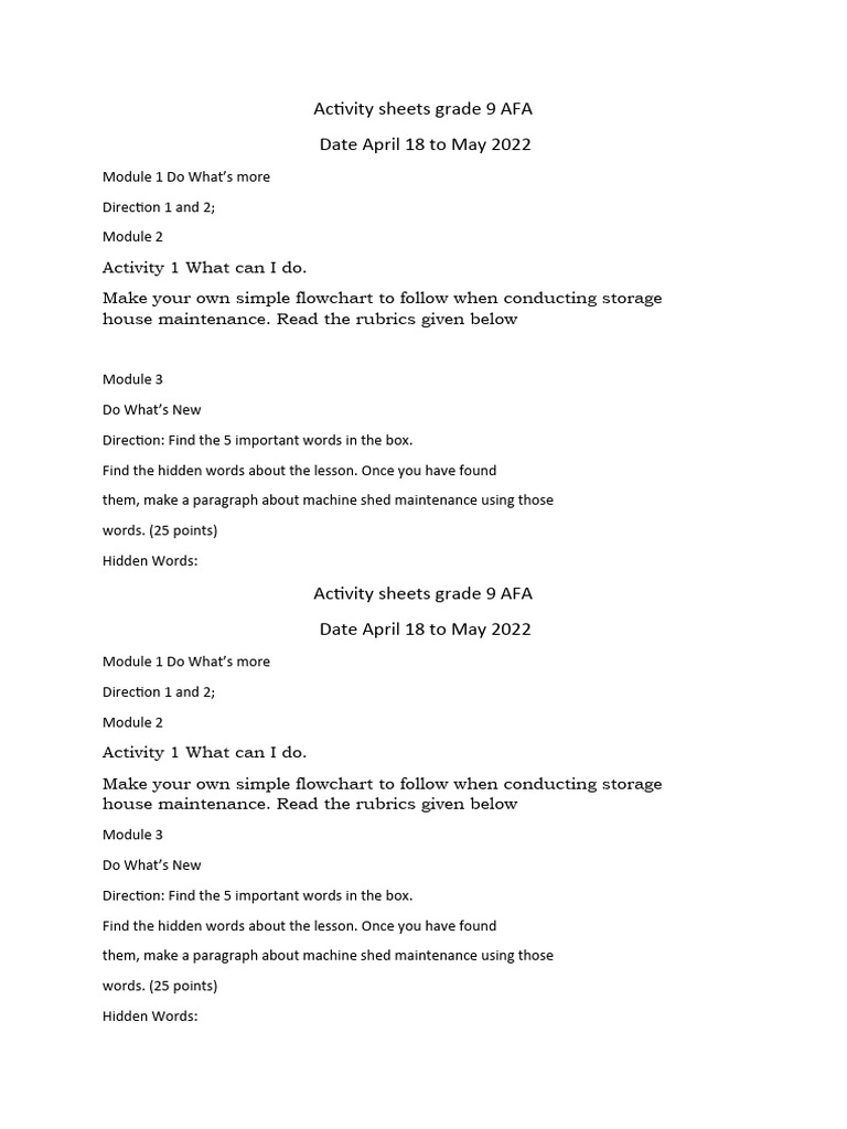 Activity Sheets Grade 9 AFA | PDF