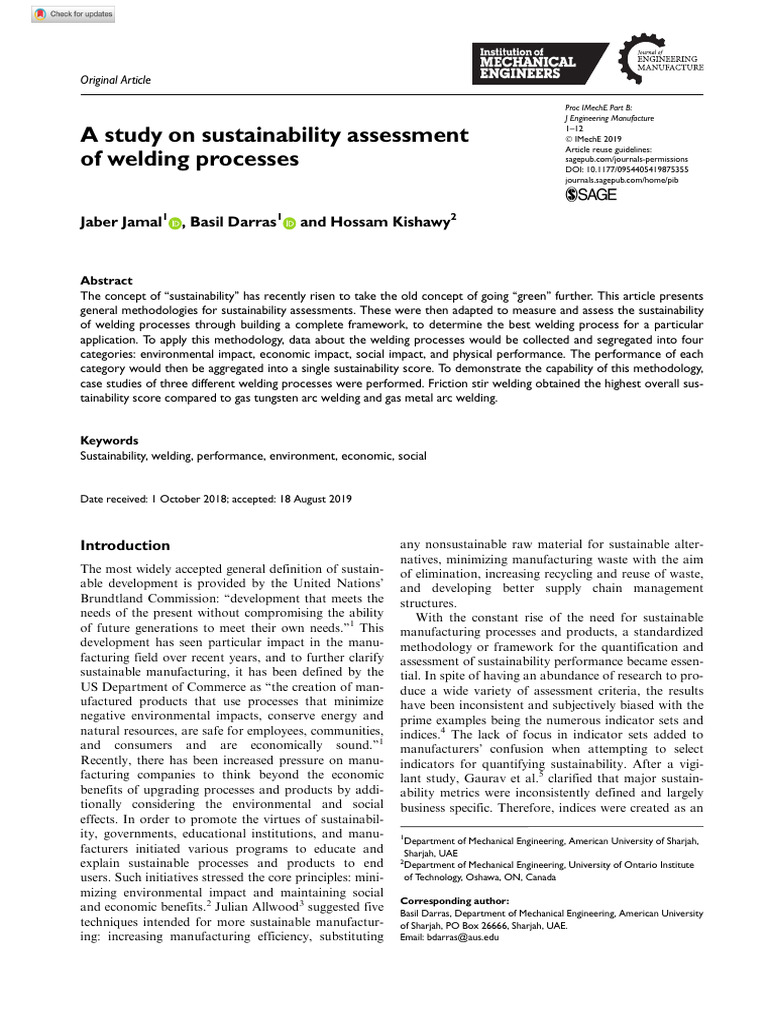A Study On Sustainability Assessment of Welding Processes: Jaber Jamal, Basil Darras and Hossam ...