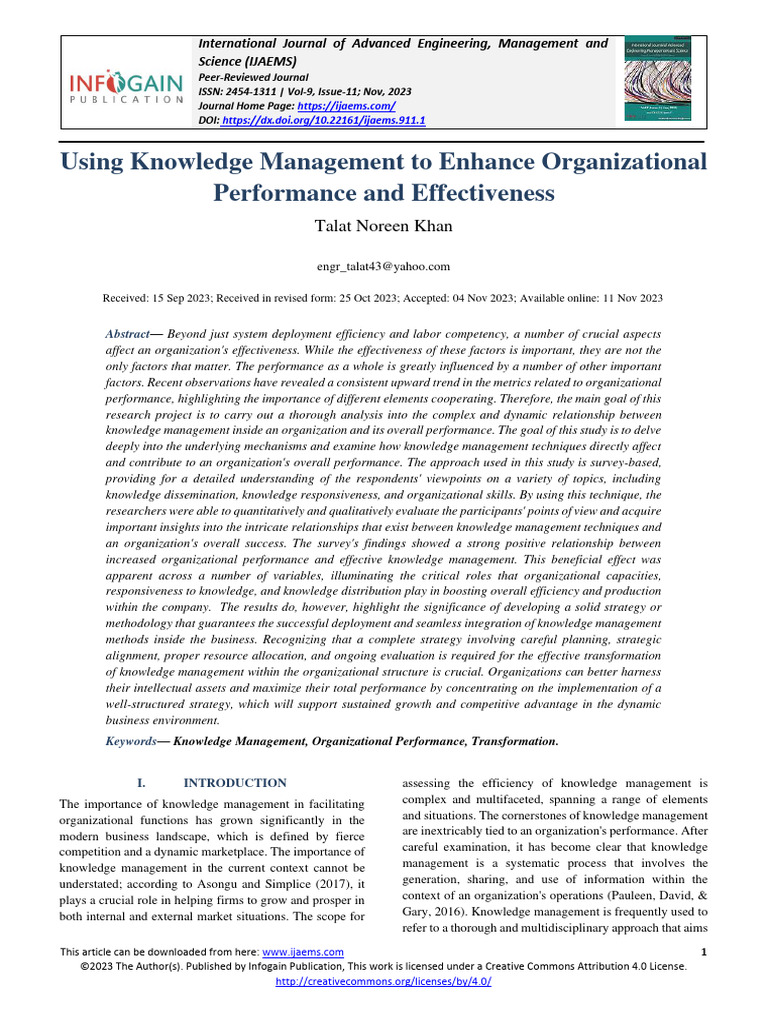 Using Knowledge Management To Enhance Organizational Performance and Effectiveness | Download ...