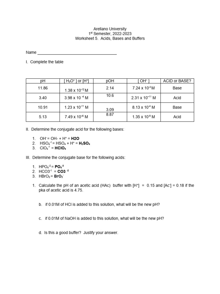 Worksheet 5. Acids, Bases and Buffers | PDF