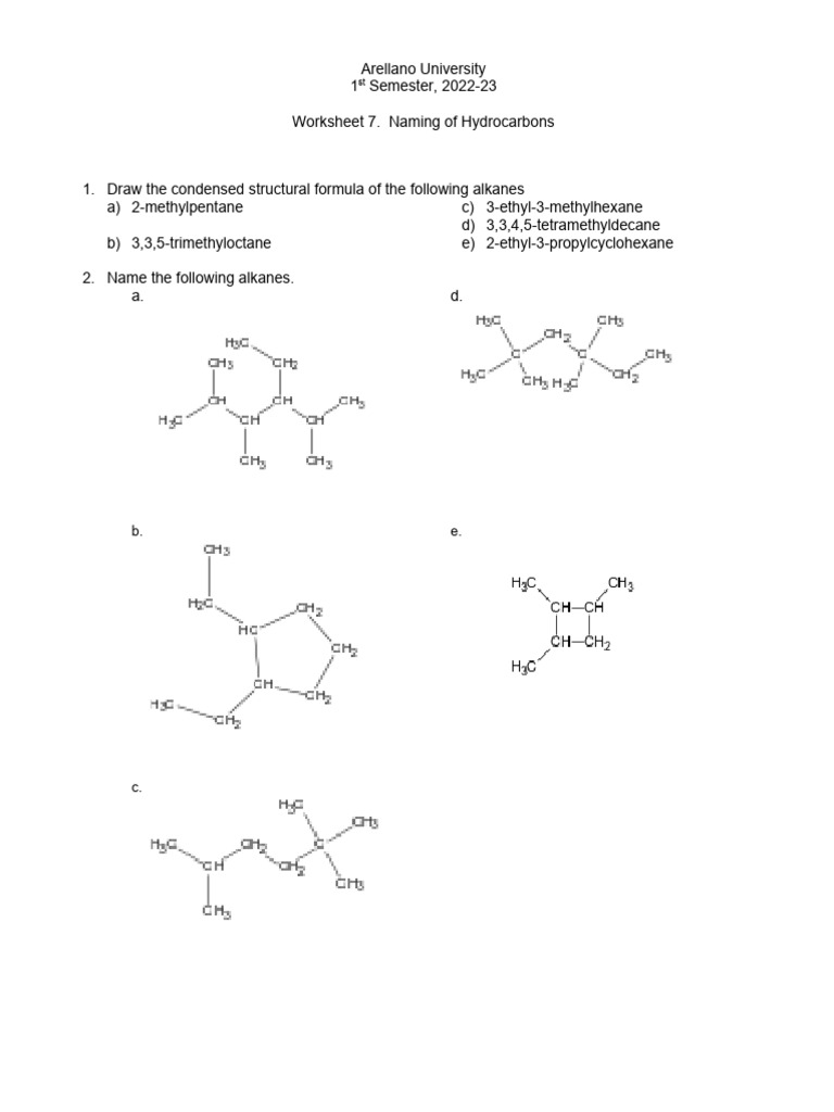 Hydrocarbon Naming Worksheet | PDF | Teaching Methods & Materials