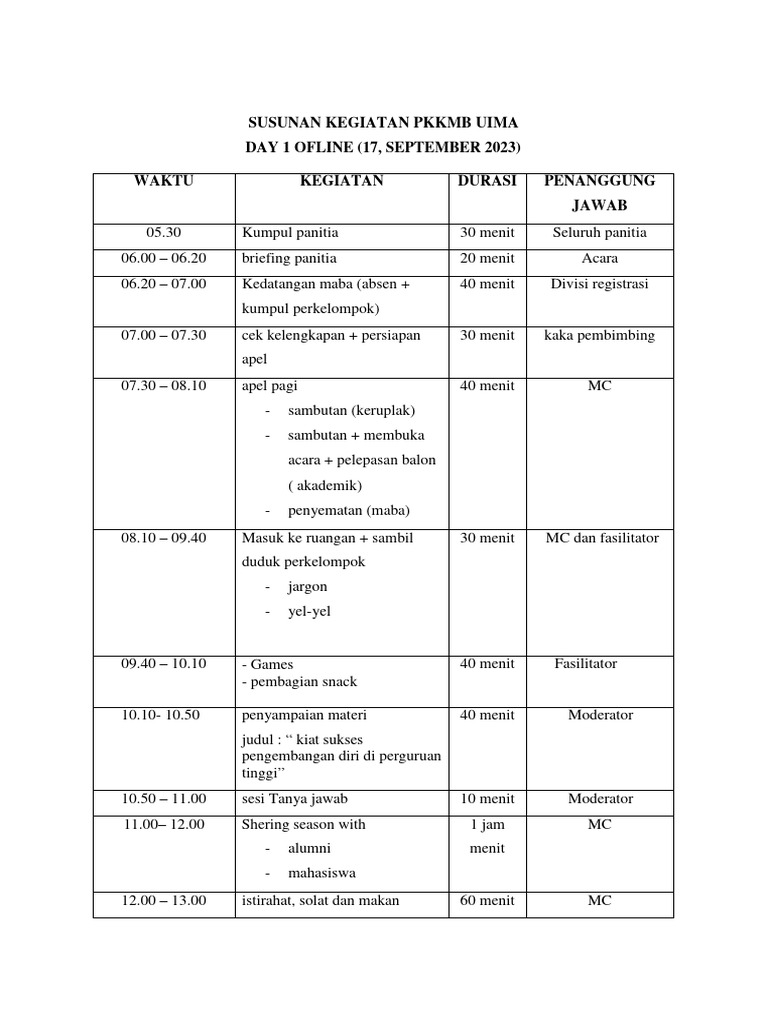 Susunan Kegiatan PKKMB Uima 082903 | PDF