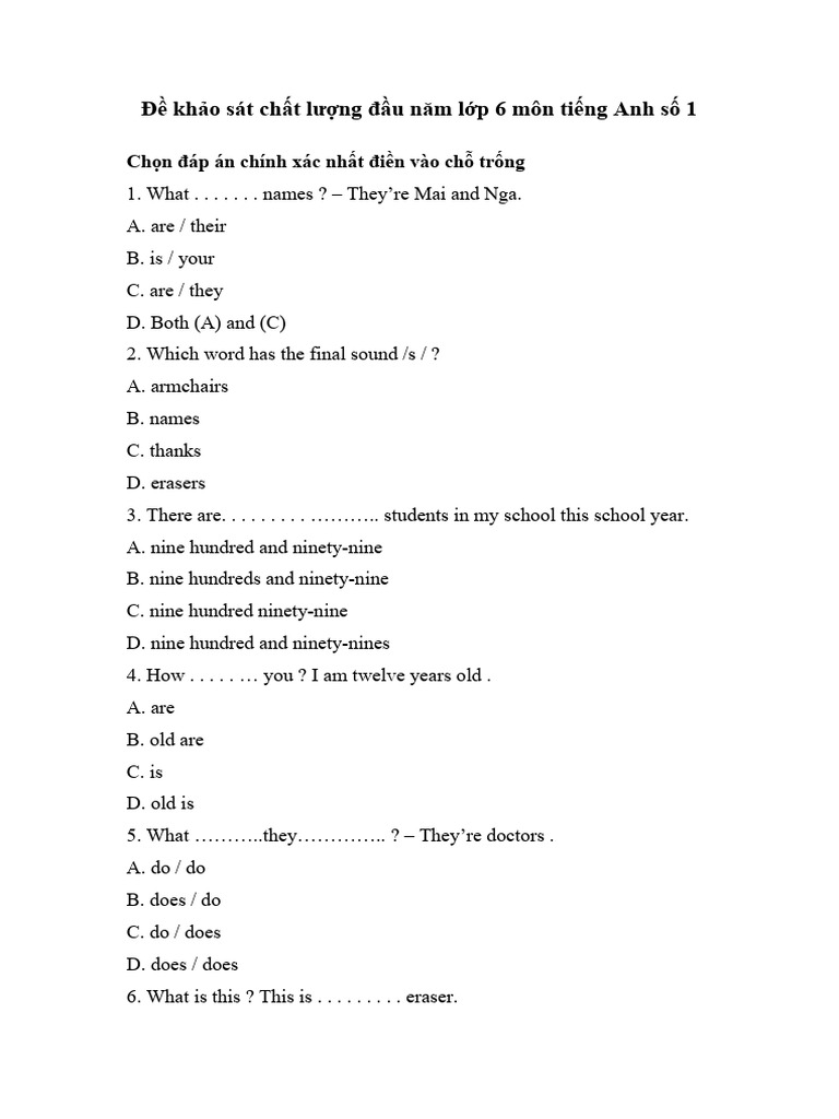 Bo de Thi Khao Sat Chat Luong Dau Nam Mon Tieng Anh Lop 6 | PDF | Vietnam