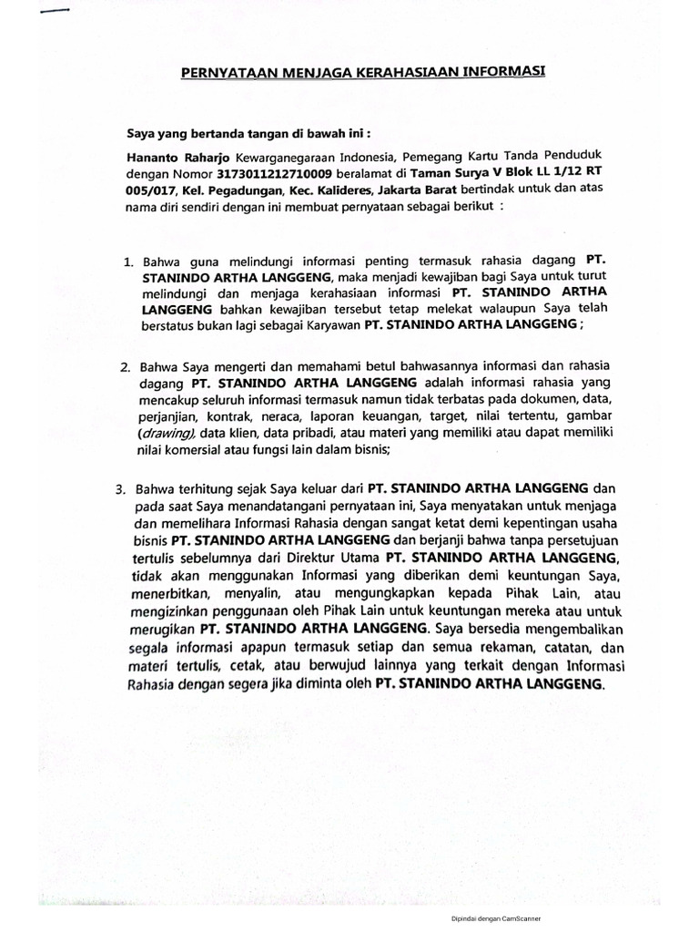 surat pernyataan kerahasian Pak Hananto | PDF