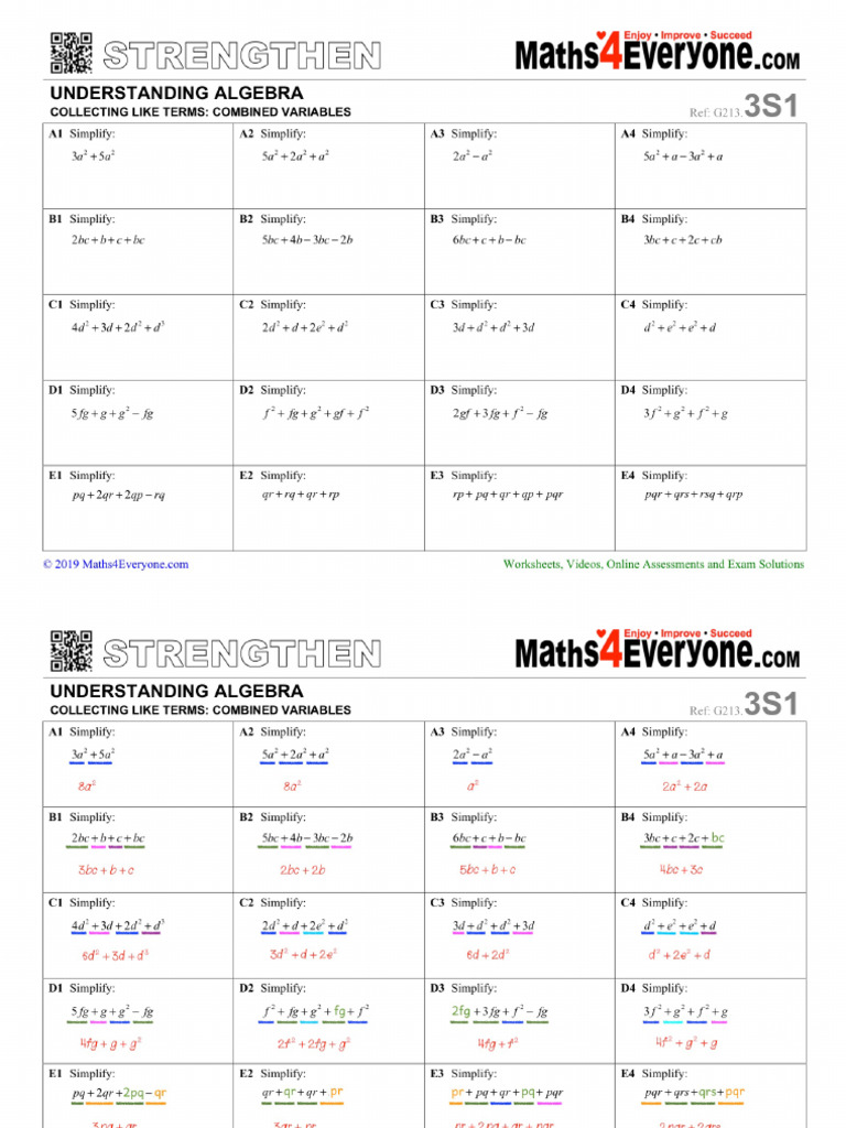 Collecting Like Terms Combined Variables | PDF