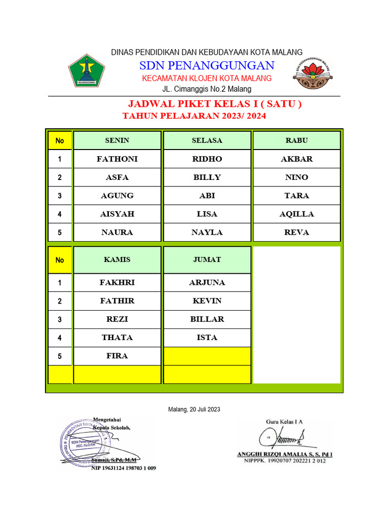 Jadwal dan Struktur Kelas I | PDF