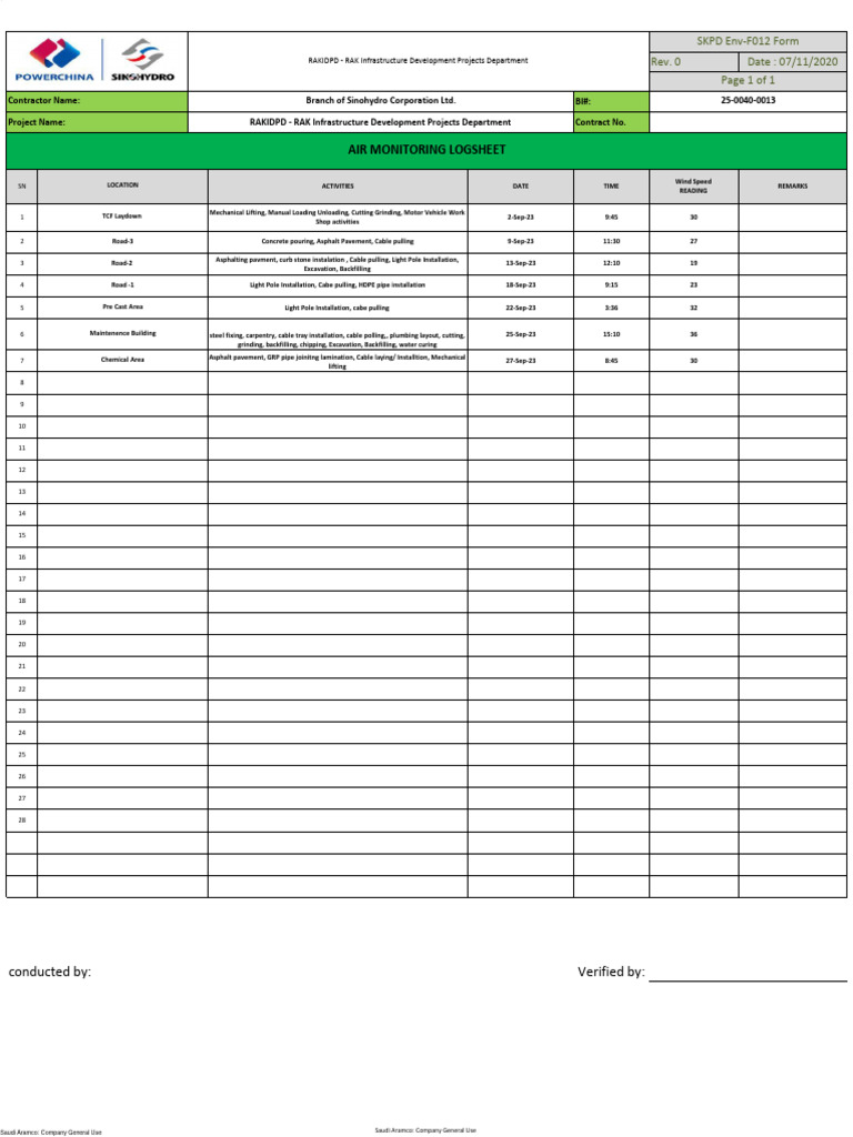 Env-F012 Air Monitoring Logsheet | PDF | Transport | Building Engineering