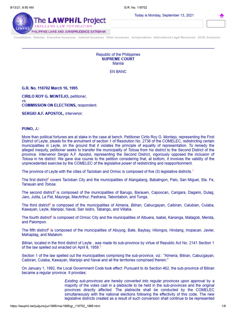 Montejo v. COMELEC G.R. No. 118702 - 2 | PDF | Commission On Elections ...