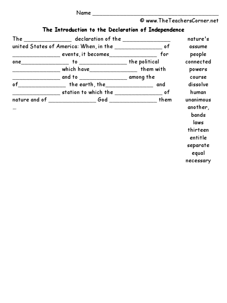 Introduction To The Declaration of Independence Fill-In-The-Blank | PDF ...