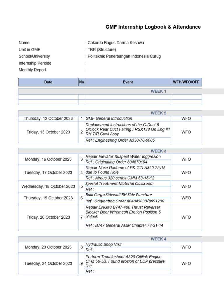 GMF Internship Logbook & Attendance | PDF | Aviation | Aircraft