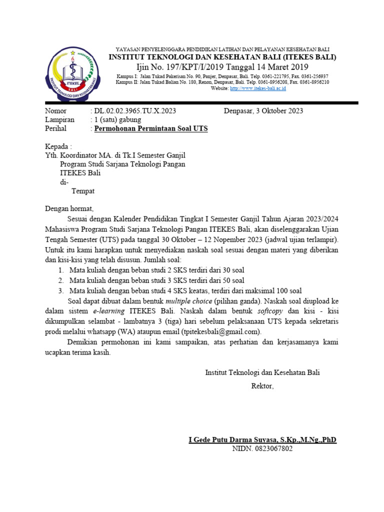 Surat Permintaan Soal Uts SMT 1 TP TA 2023-2024 | PDF