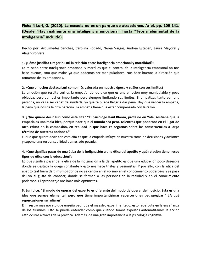 Inteligencia emocional y educación según Luri | PDF | Las emociones ...