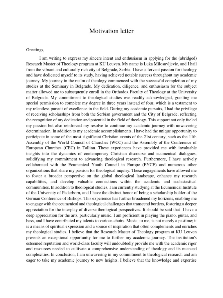 Motivation letter | PDF | Theology | Ecumenism