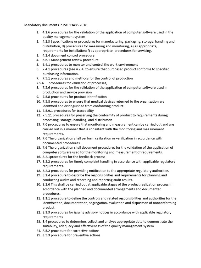 Mandatory Documents - ISO 13485 | PDF | Verification And Validation | Information Technology