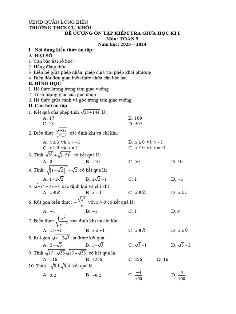 De Cuong Giua Hoc Ky 1 Toan 9 Nam 2023 2024 Truong Thcs Cu Khoi Ha Noi | PDF