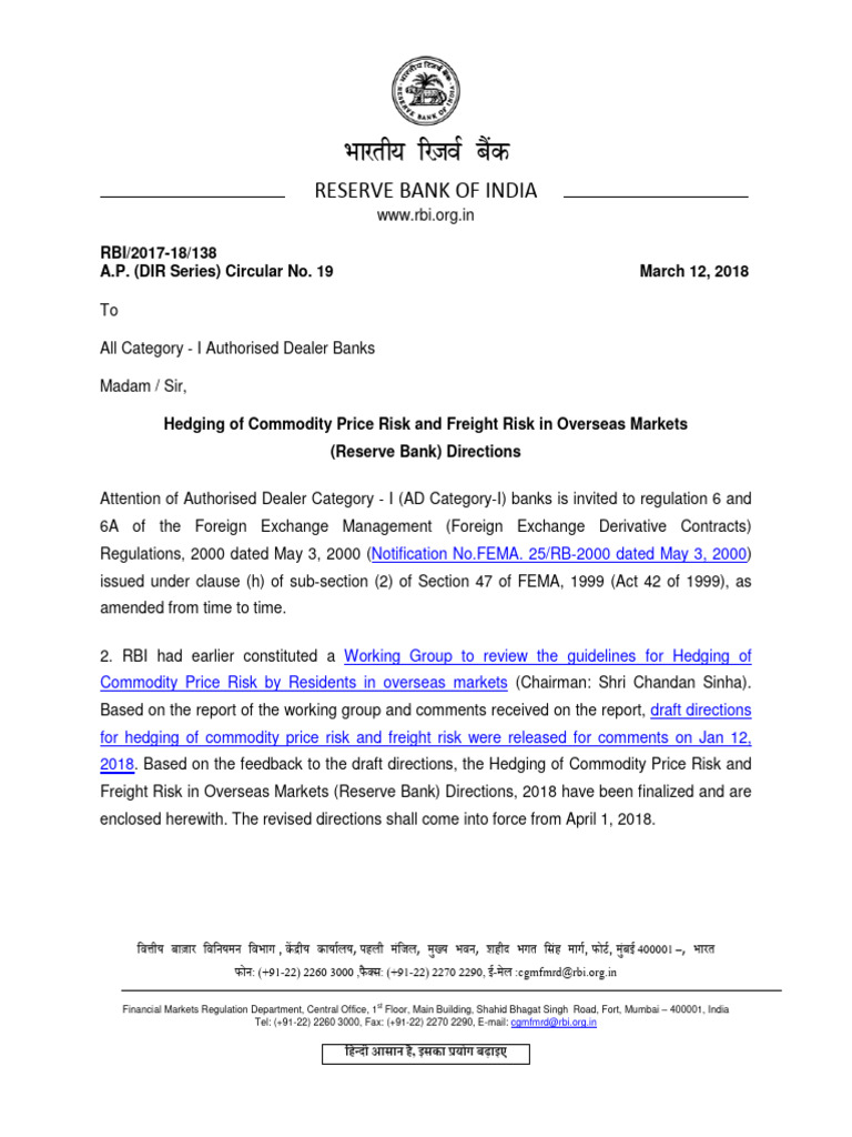 RBI Guidelines on Commodity and Freight Hedging | PDF | Hedge (Finance ...