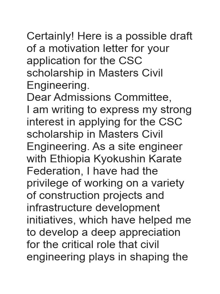 CSC Scholarship Motivation Letter: Civil Engineering | PDF | Art ...