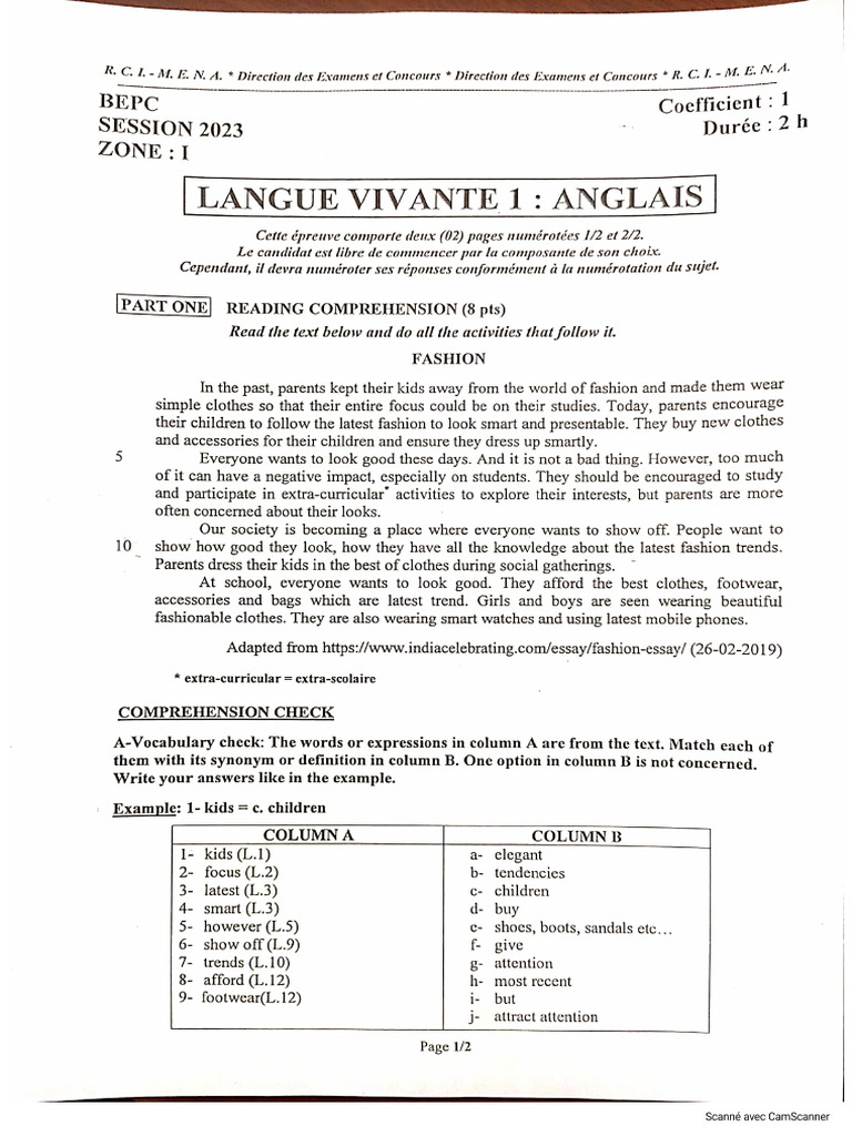 BEPC Session 2023 ANGLAIS | PDF
