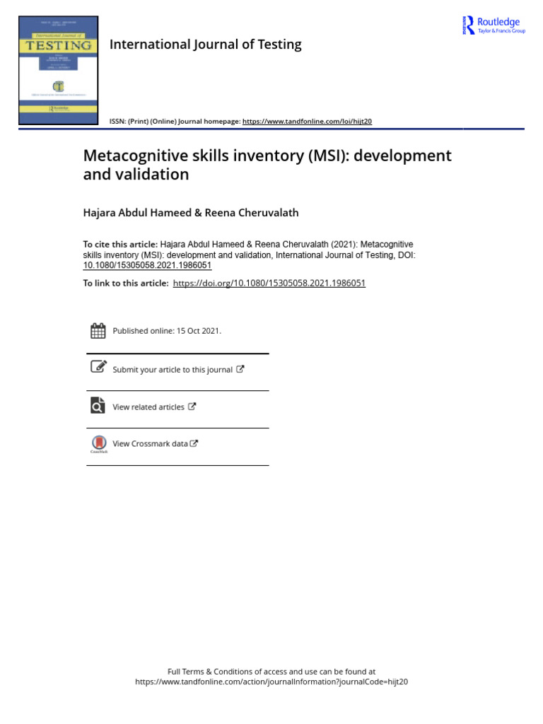 Metacognitive Skills Inventory (MSI) : Development and Validation | PDF | Metacognition | Major ...
