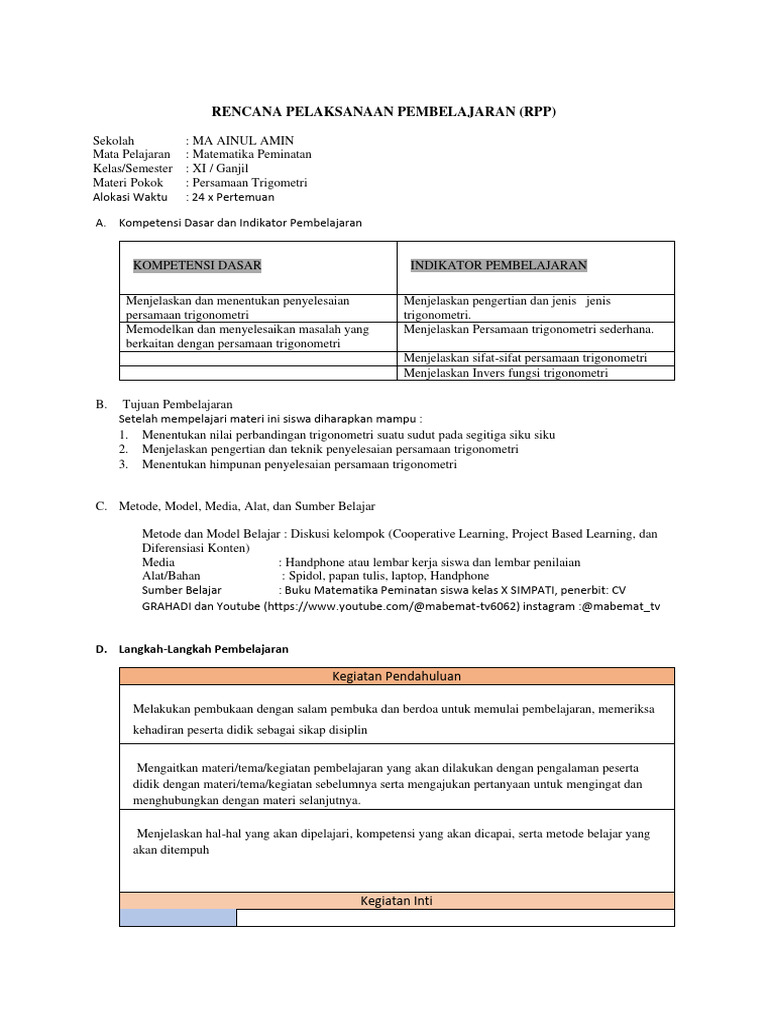 RPP Kelas Xi Sem.1 (P. Trigonometri) | PDF