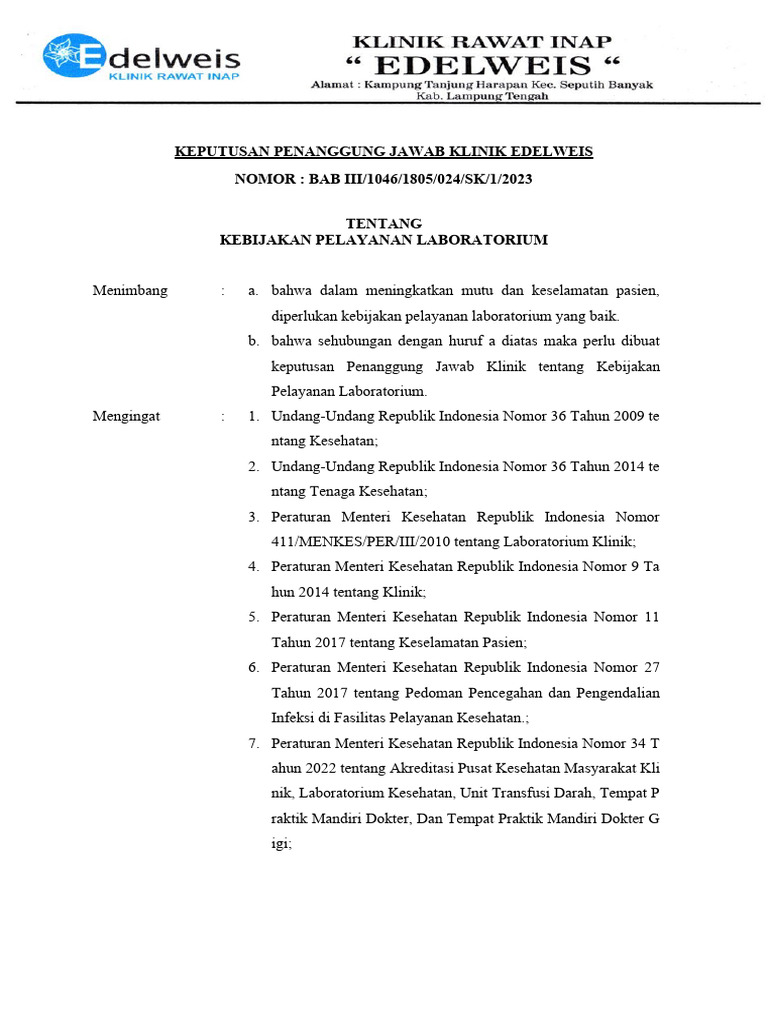 SK Kebijakan Pelayanan Laboratorium | PDF