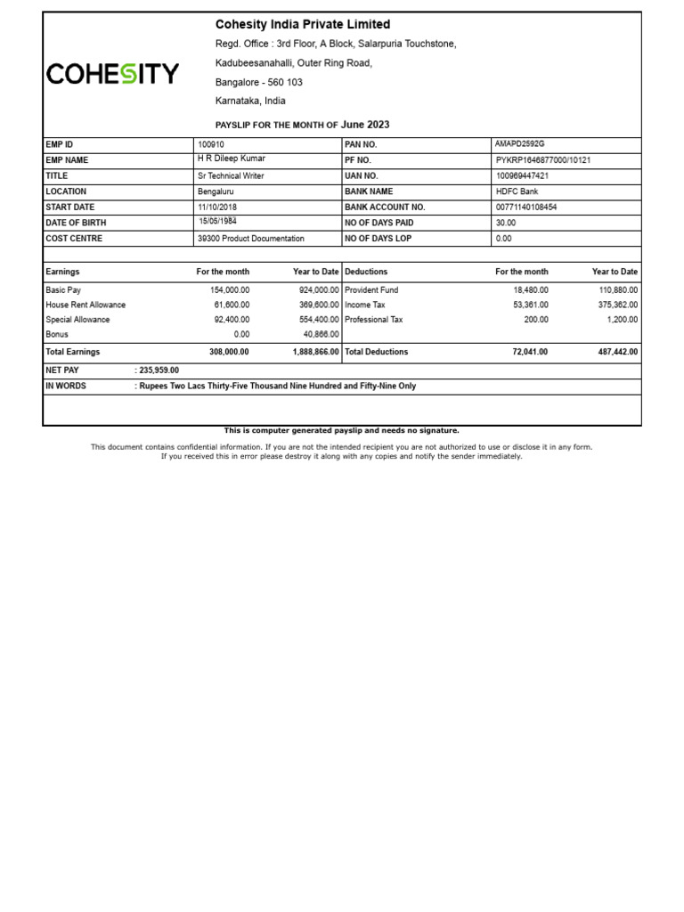 Dileep Kumar's Payslip Details | PDF | Income | Payments