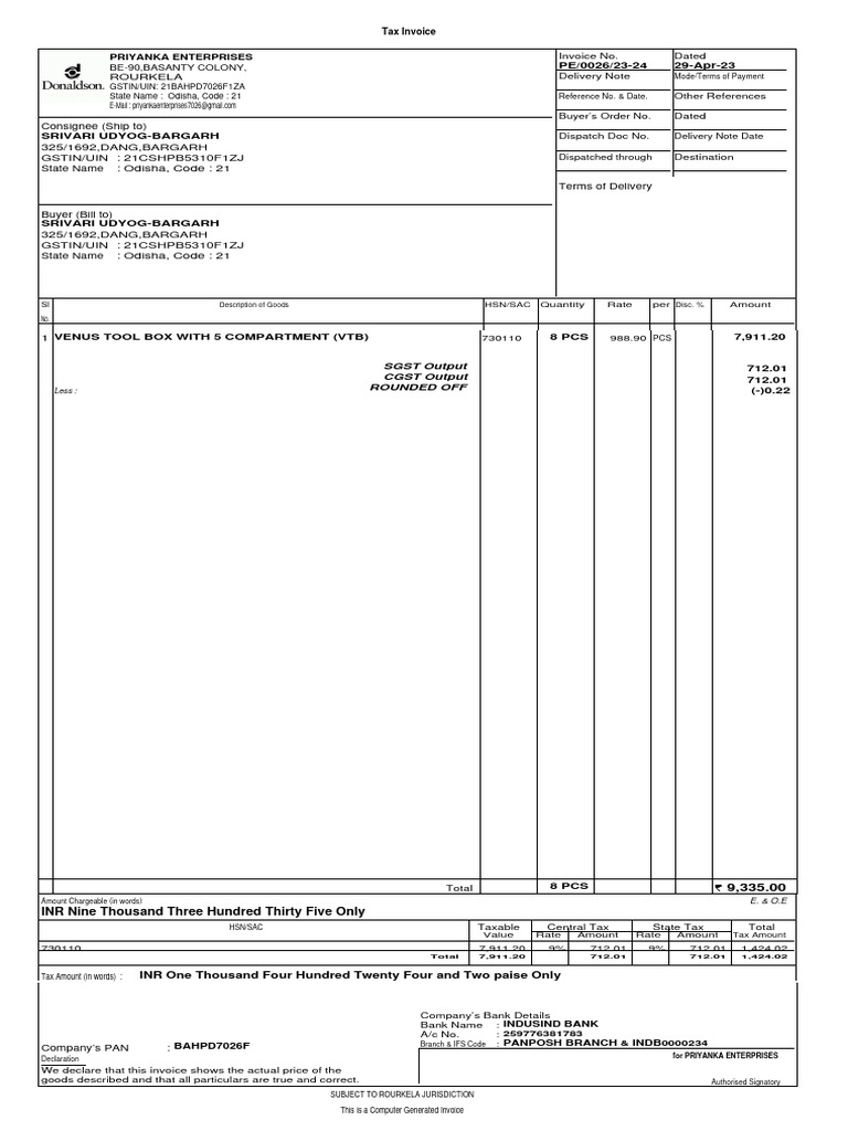 Tax Invoice: Priyanka Enterprises PE/0026/23-24 29-Apr-23 | PDF | Taxes ...