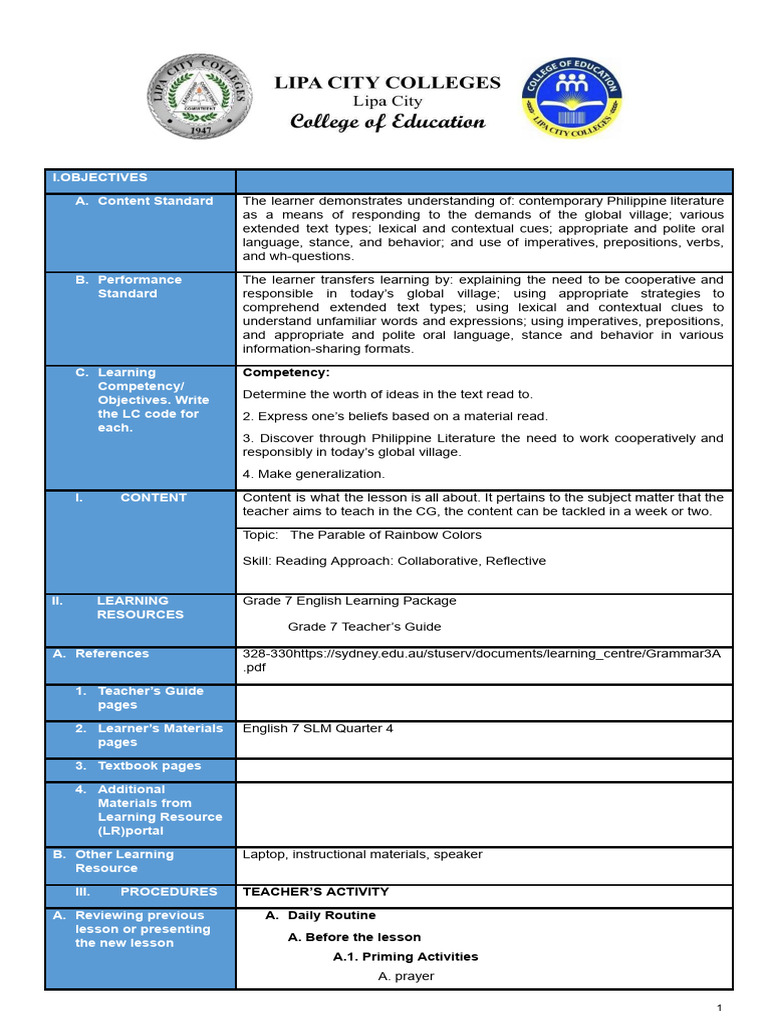 Philippine Literature: Rainbow Colors Lesson | PDF | Cognition | Human ...