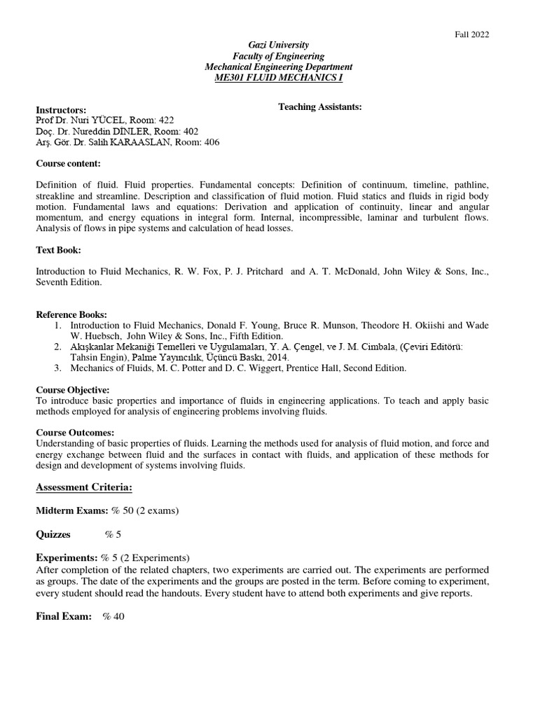 ME301 Fluid Mechanics I Syllabus (2022) (1) | PDF | Fluid Mechanics | Fluid Dynamics