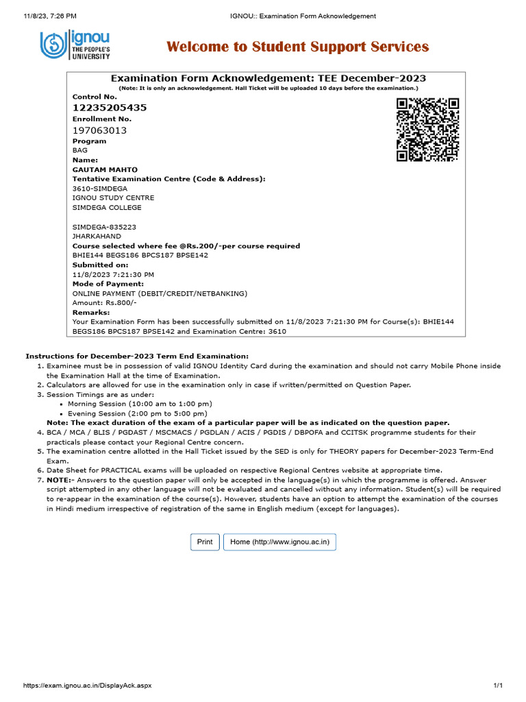 IGNOU - Examination Form Acknowledgement | Download Free PDF | Service ...