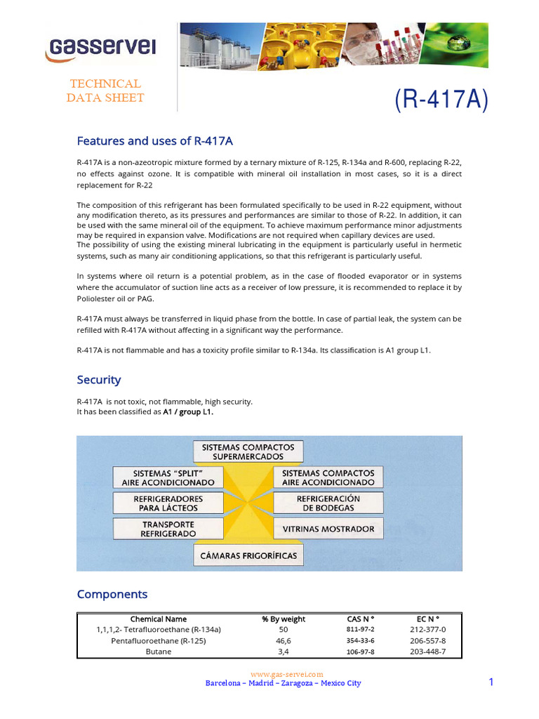 Technical Data Sheet R 417a Gas Servei | PDF | Chemistry | Chemical Engineering
