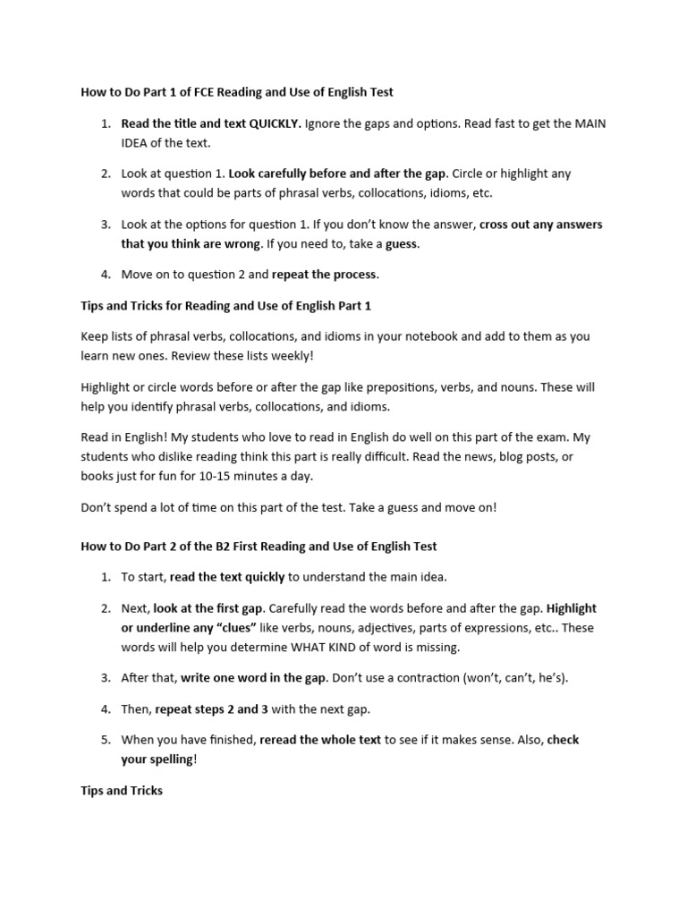FCE Reading & Use of English Strategies | PDF | English Language | Word