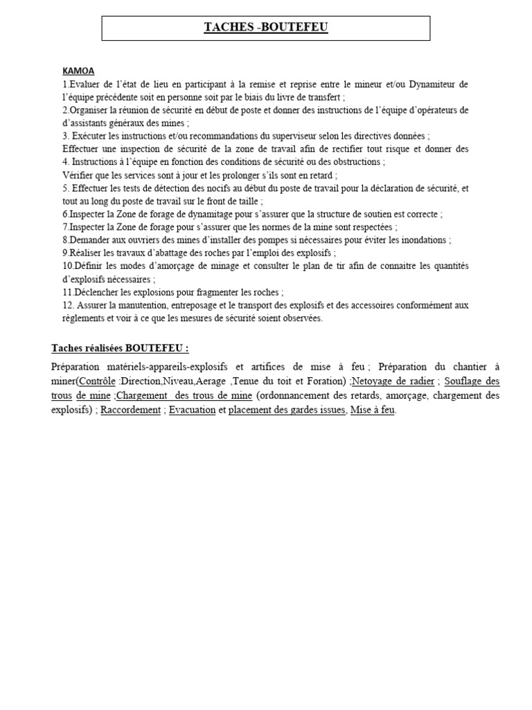 Tâches et responsabilités du boutefeu | PDF | Sciences et mathématiques