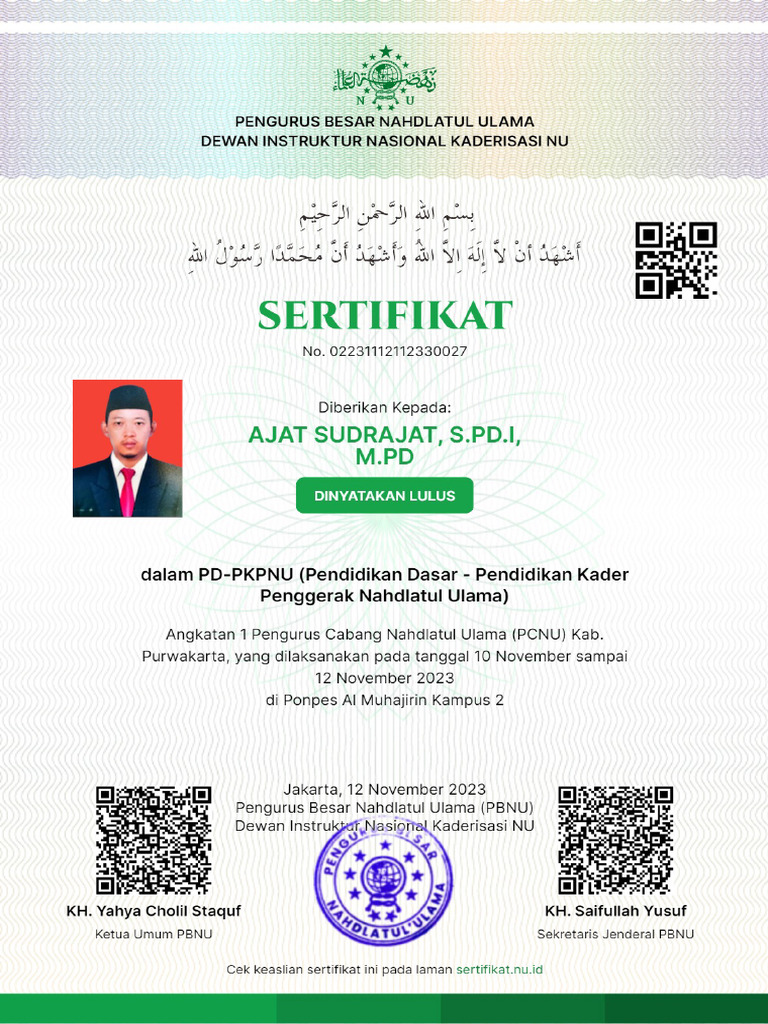 Sertifikat PD - PKPNU - Ajat Sudrajat, SPdI, MPD | PDF