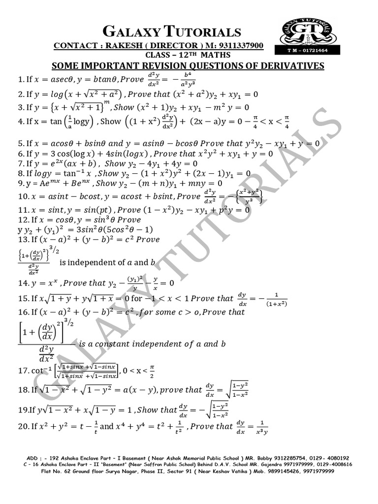 Class 12 Maths Derivatives Revision Questions | PDF