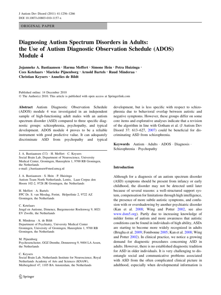 Diagnosing Autism Spectrum Disorders in Adults: The Use of Autism Diagnostic Observation ...